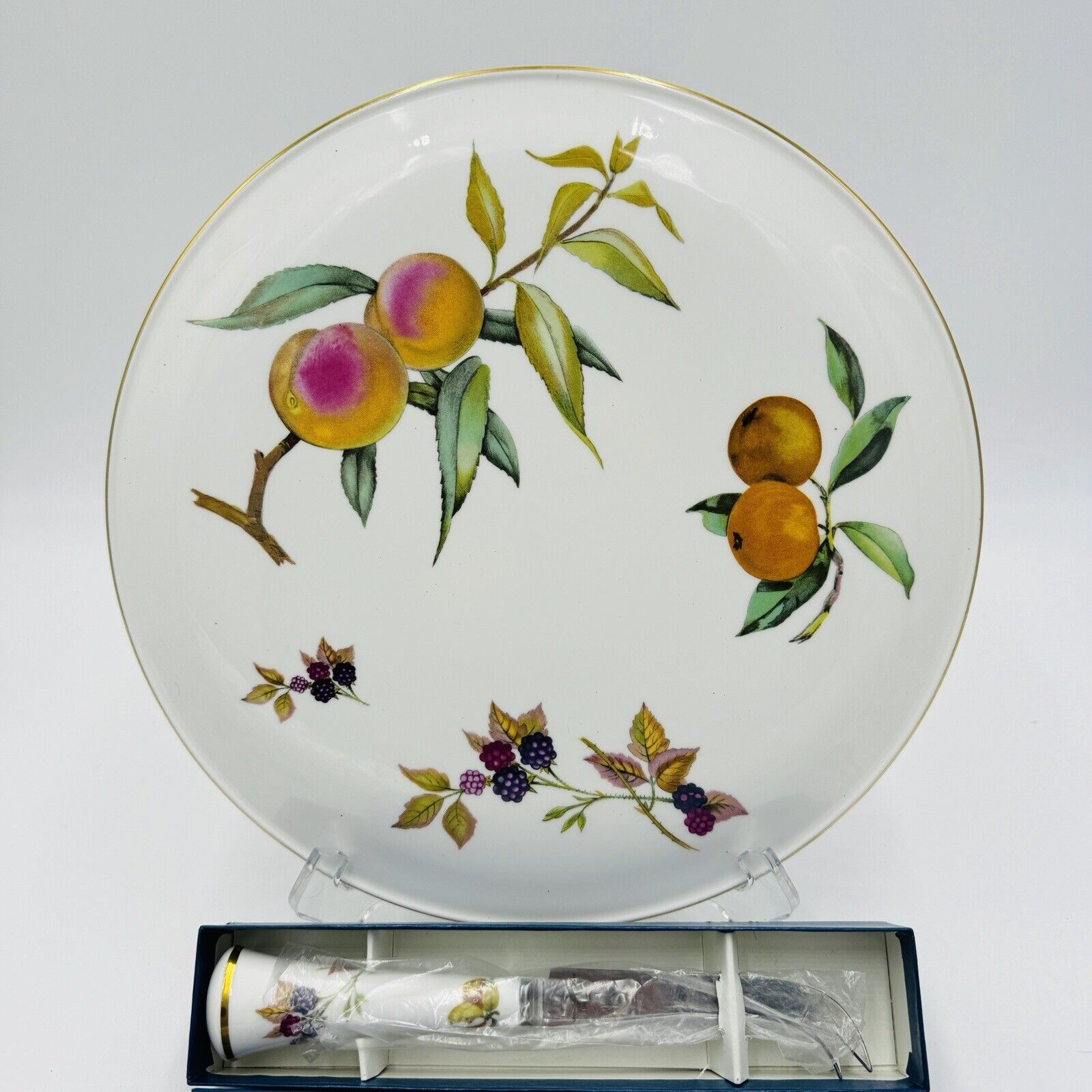 Royal Worcester Arden Fruit Porcelain cake plate & matching Cheese kni ...